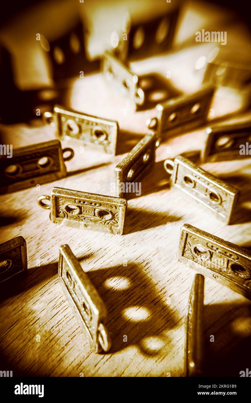 Nightclub remix on a still life rave of mix tape cassettes in funky ...