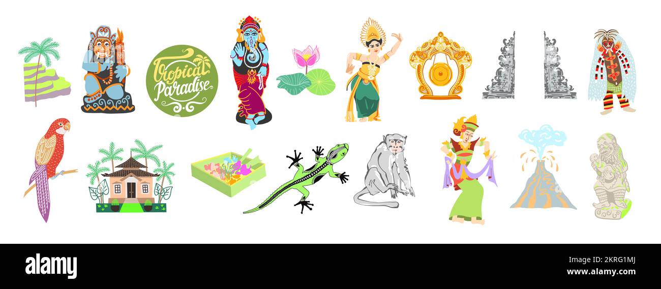 set of Bali Indonesia traditional symbols element, balinese flat design ...