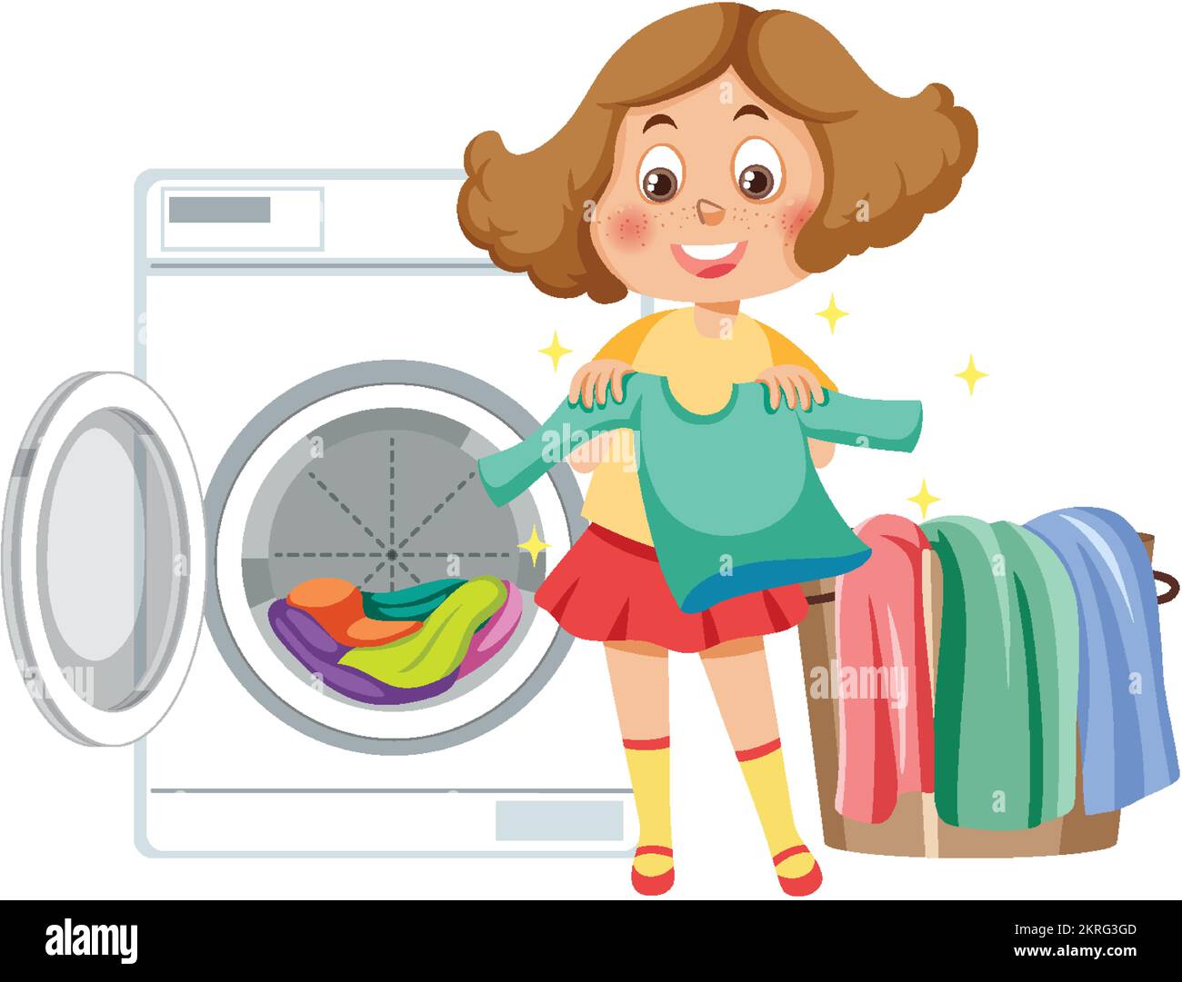 Cartoon girl doing laundry with washing machine illustration Stock ...