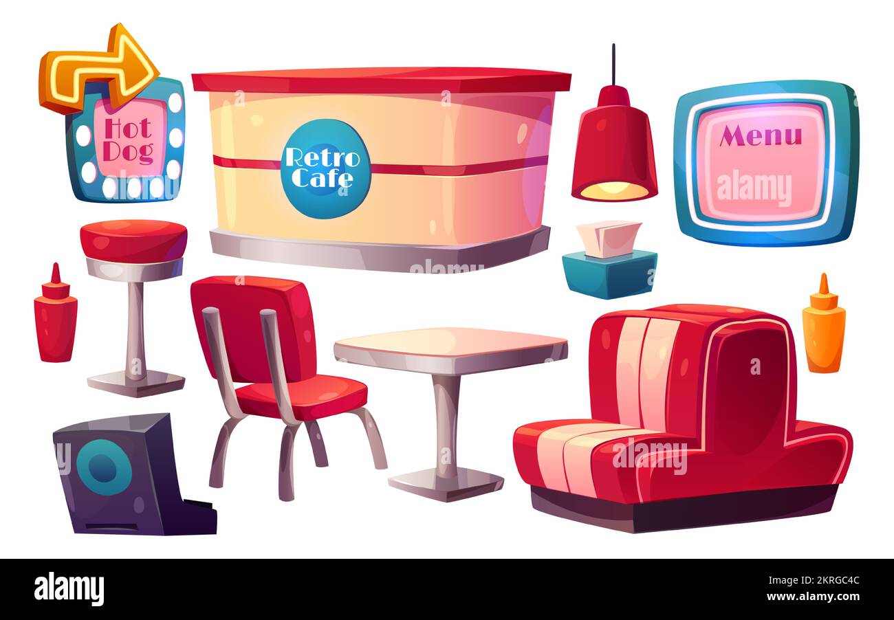 Retro cafe furniture set isolated on white background. Vector cartoon ...