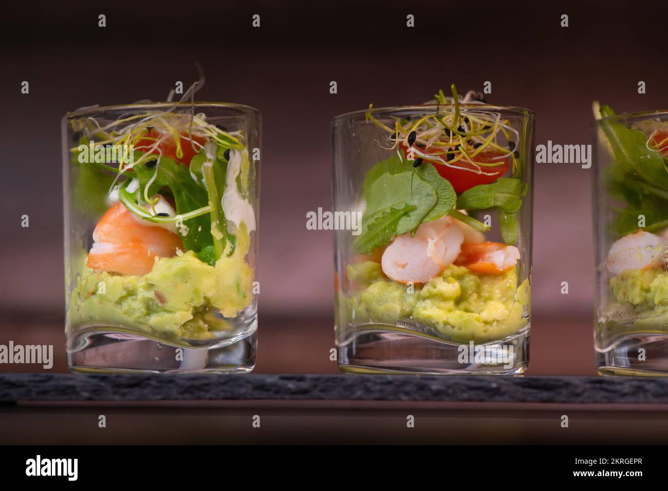 Avocado, shrimp, arugula, mayonaise, espelette pepper and lemon, leek ...