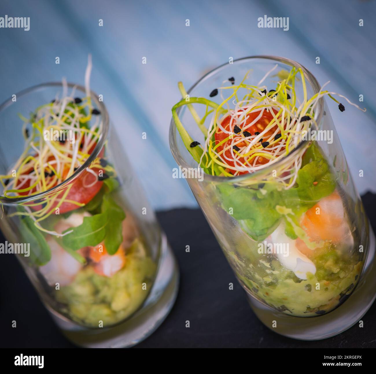 Avocado, shrimp, arugula, mayonaise, espelette pepper and lemon, leek ...