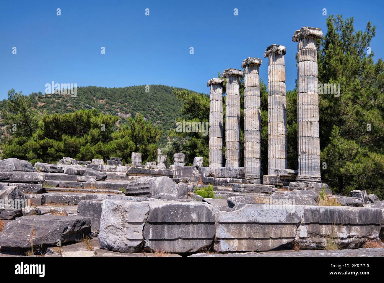 Aydın, Turkey- October 10, 2021: Ionic columns of the Temple of Athena Polias in the Ancient ...