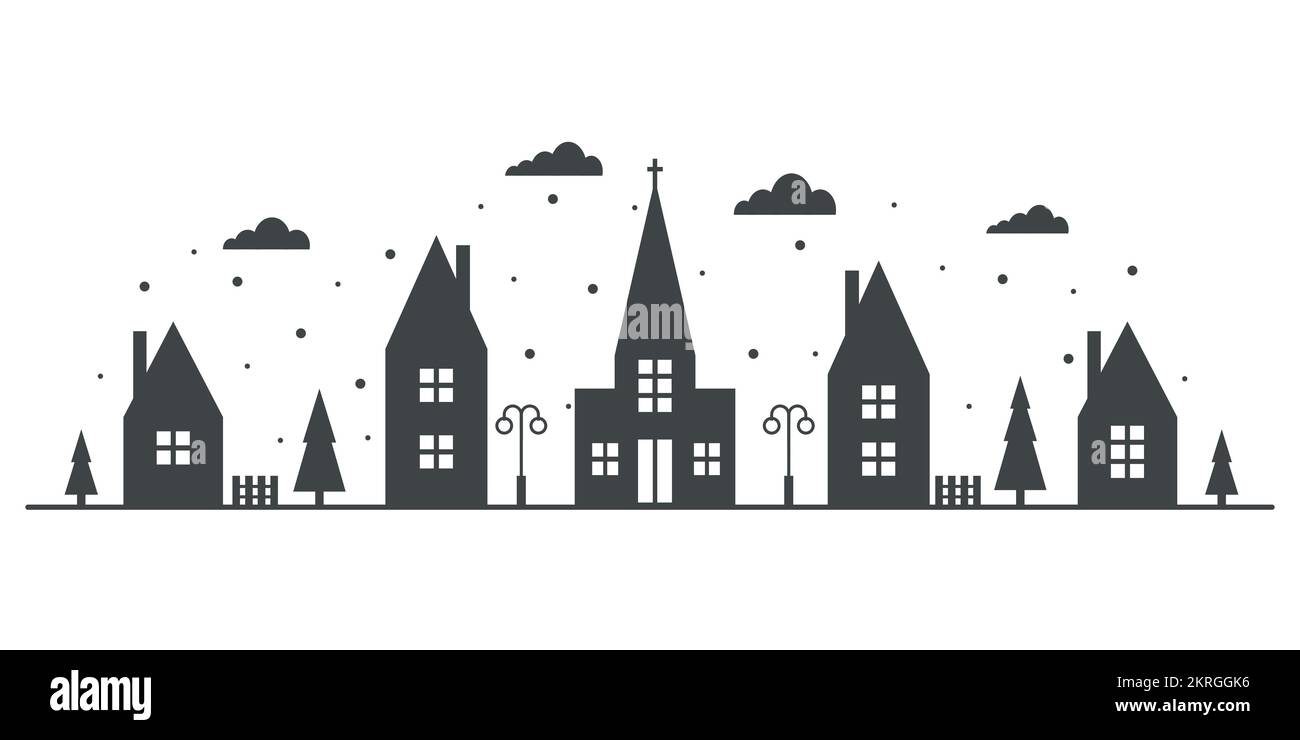 Suburban neighborhood winter landscape. Silhouette of houses and church ...