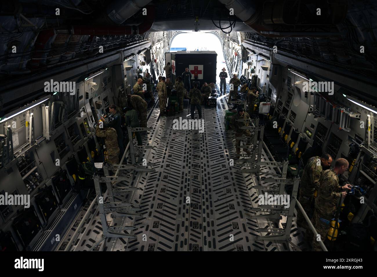 U.S. Airmen assigned to the 60th Aeromedical Evacuation Squadron set up ...