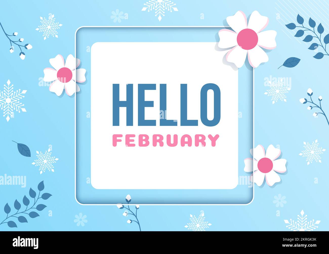 Hello February Month with Flowers, Hearts, Leaves and Cute Lettering ...