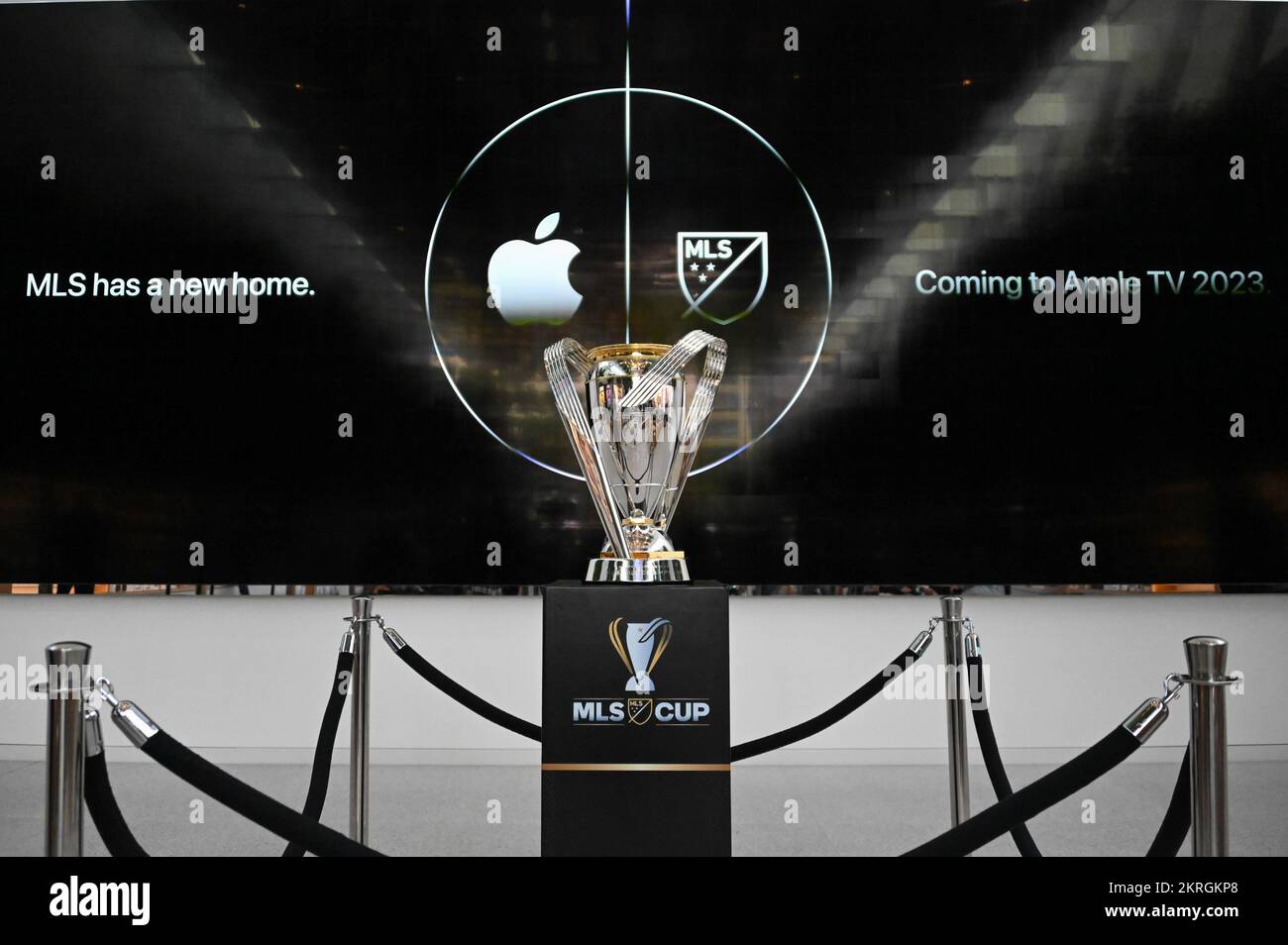 The Philip F. Anschutz Trophy, awarded to the MLS Cup Champion, sits at ...