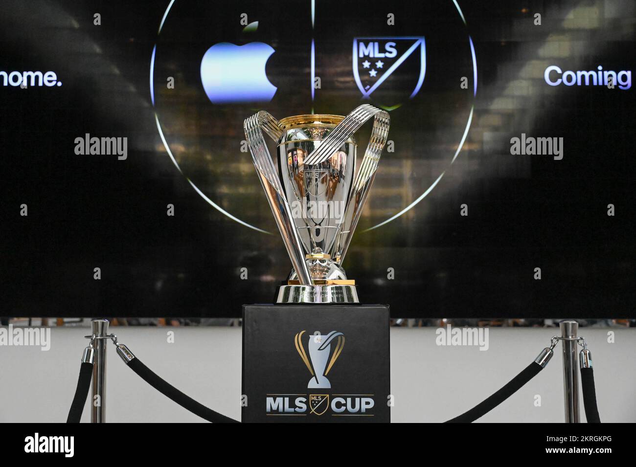 The Philip F. Anschutz Trophy, awarded to the MLS Cup Champion, sits at ...