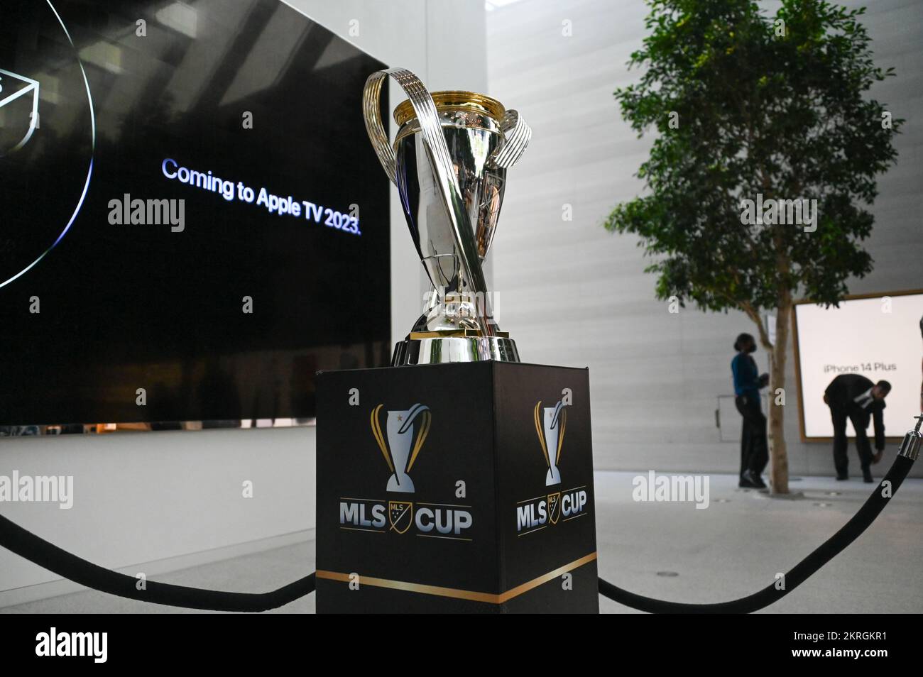 The Philip F. Anschutz Trophy, awarded to the MLS Cup Champion, sits at ...