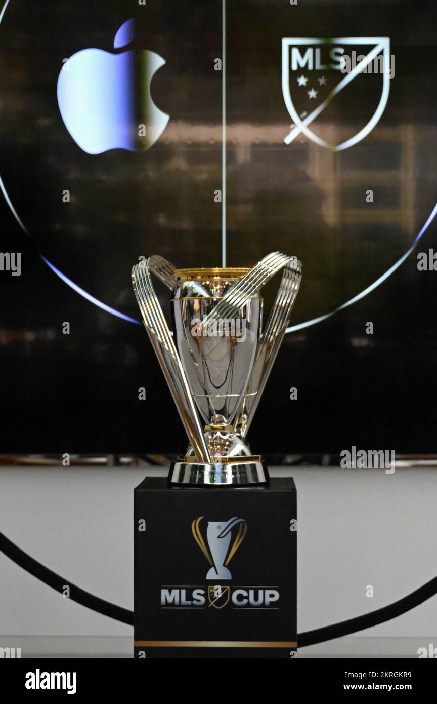 The Philip F. Anschutz Trophy, awarded to the MLS Cup Champion, sits at ...