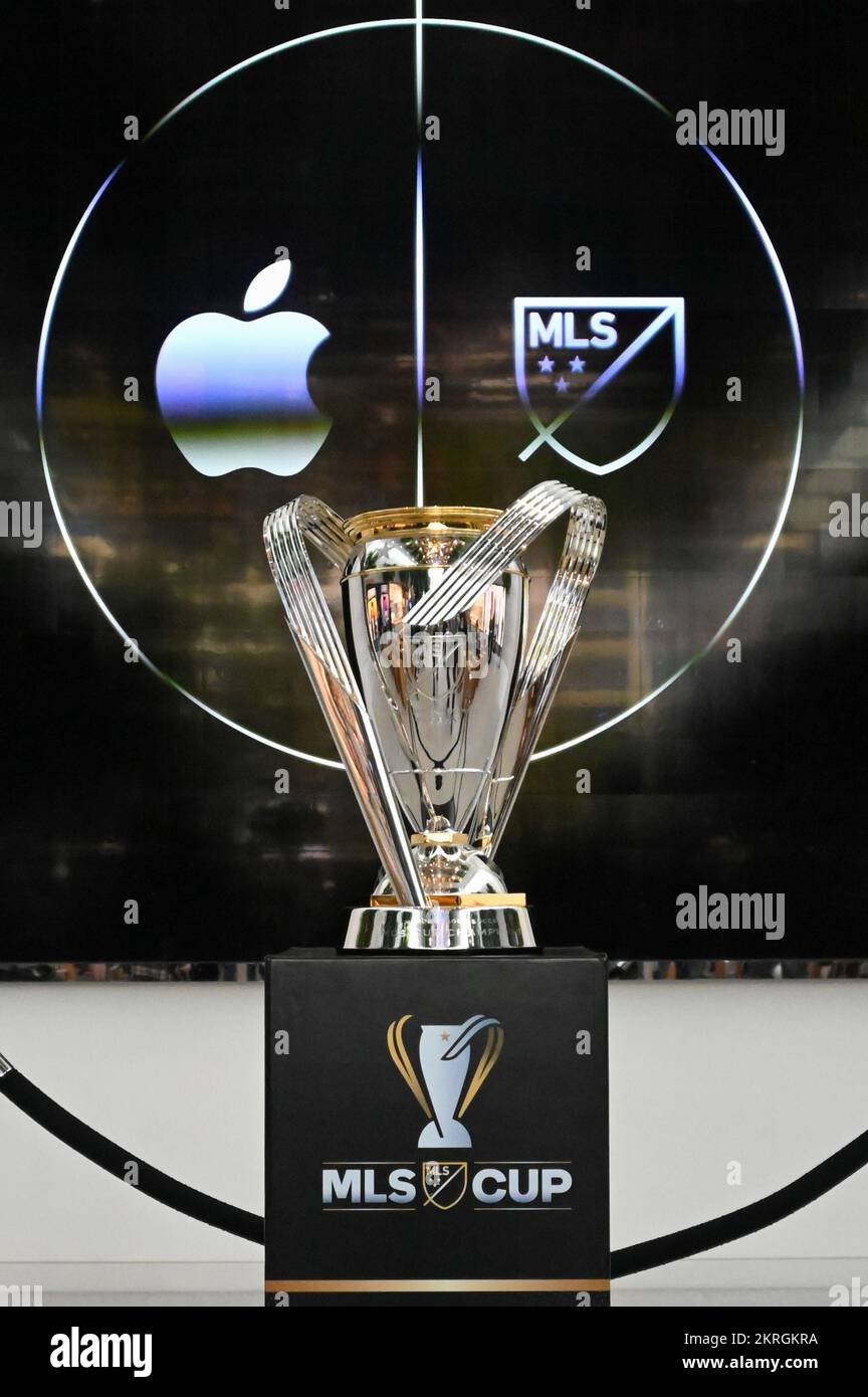 The Philip F. Anschutz Trophy, awarded to the MLS Cup Champion, sits at ...