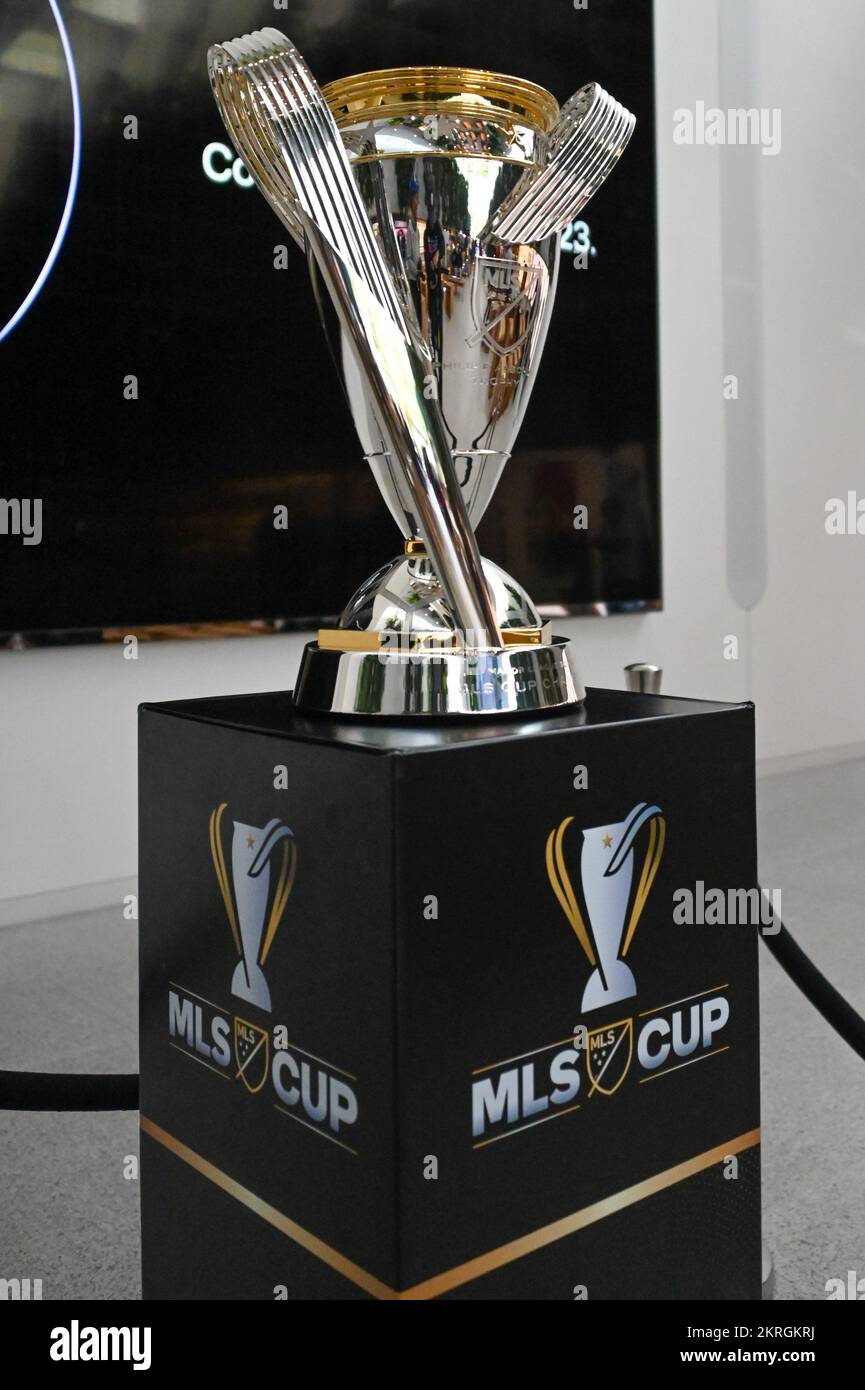 The Philip F. Anschutz Trophy, awarded to the MLS Cup Champion, sits at ...