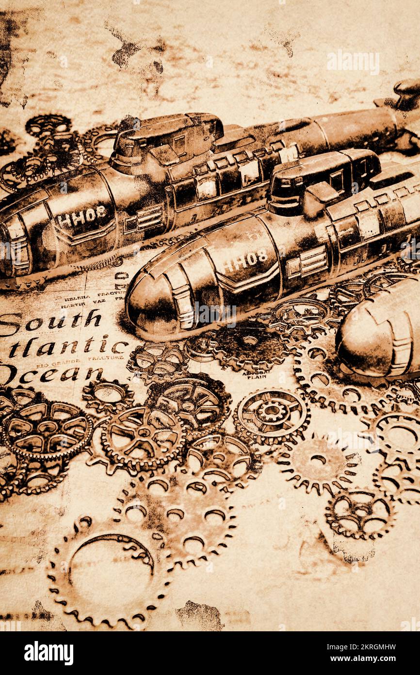 Planned out military map in antique ww2 style with model submarines and ...