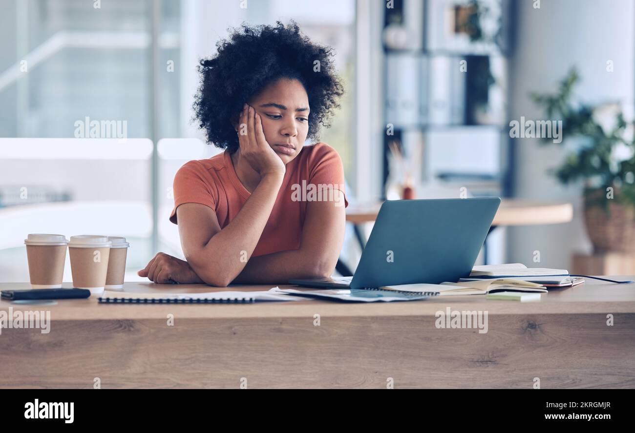 Stress, laptop and black woman frustrated, burnout and tired or bored ...