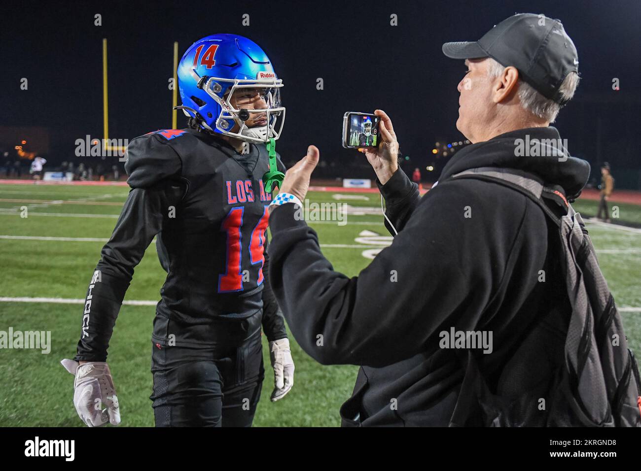 Los Alamitos Griffins wide receiver Makai Lemon (14) is interviewed by ...