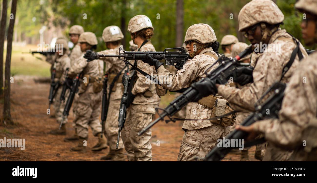 Recruits with Hotel Company, 2nd Recruit Training Battalion, conduct a patrol during Basic ...