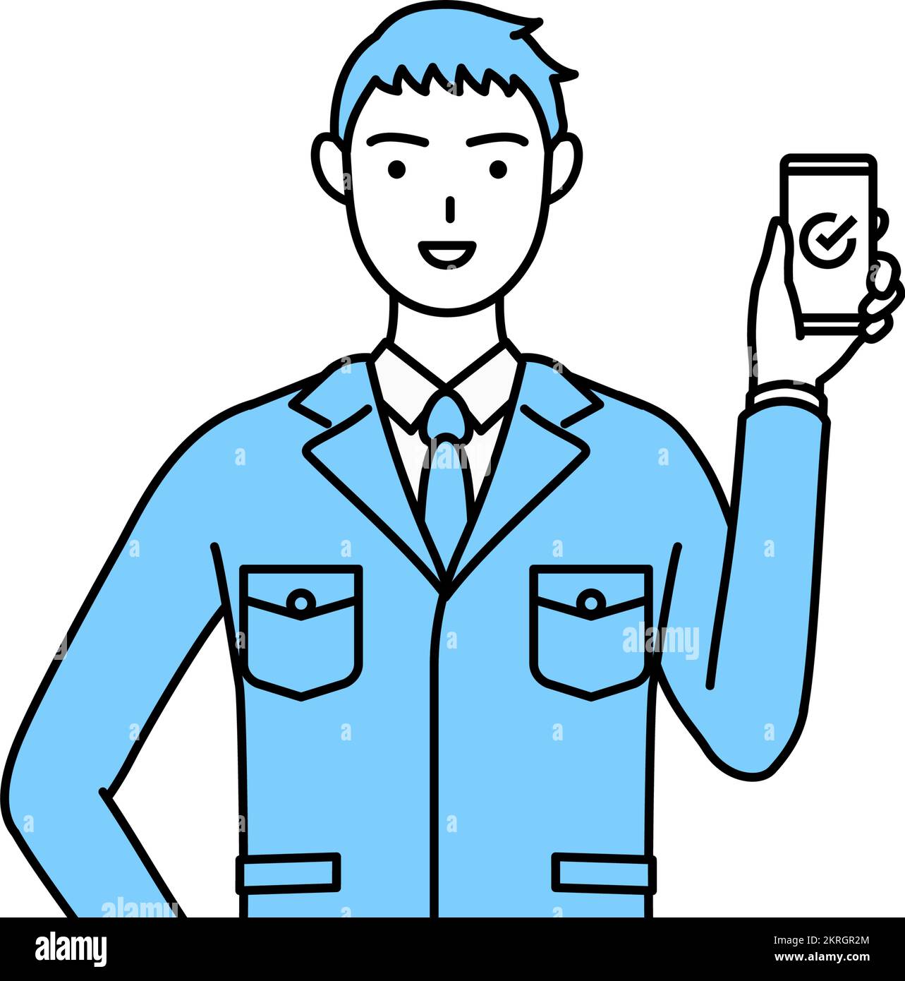Simple line drawing of a Man in work clothes using a smartphone at work ...