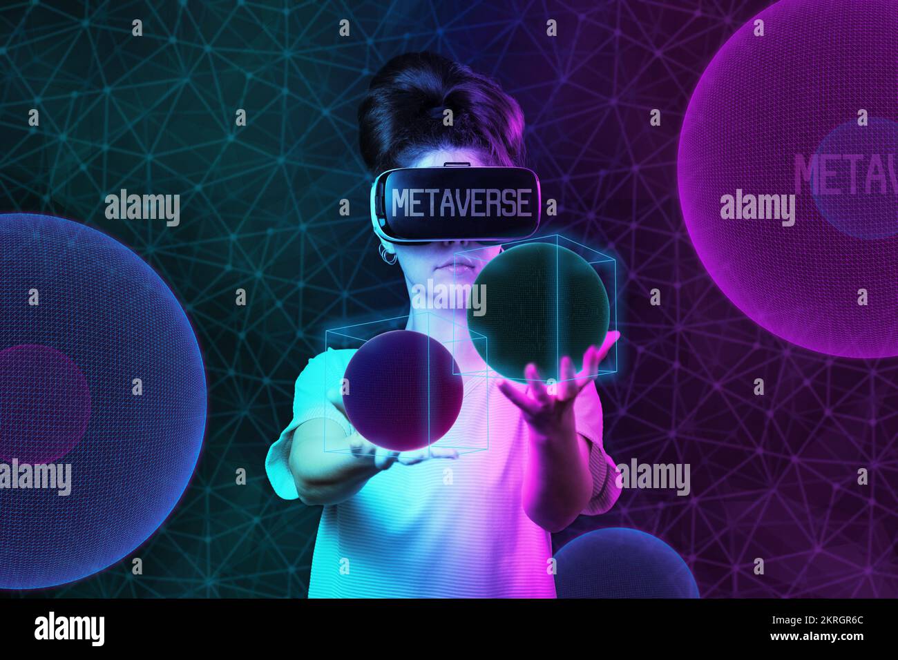 Futuristic collage of metaverse. A young woman in virtual reality ...