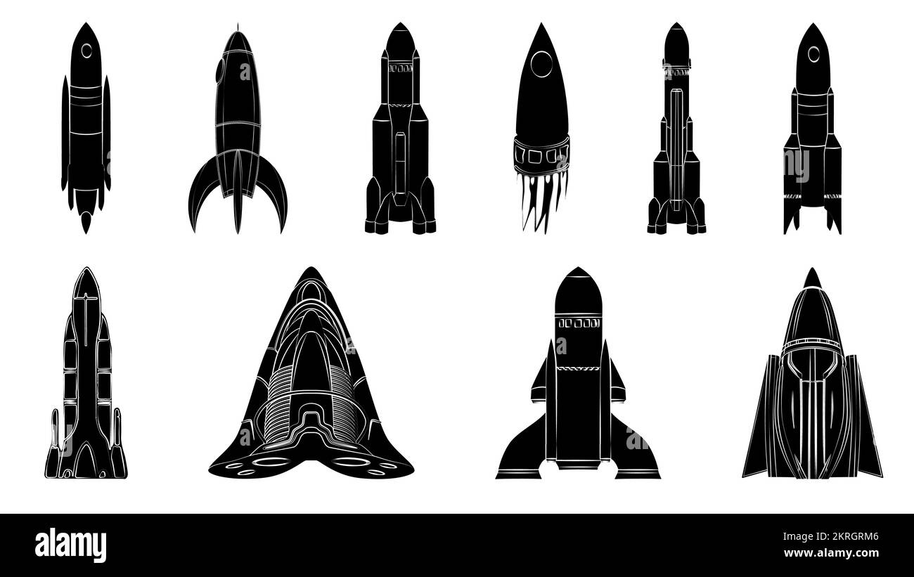 Set of black silhouettes of spaceships isolated on white. Vector ...