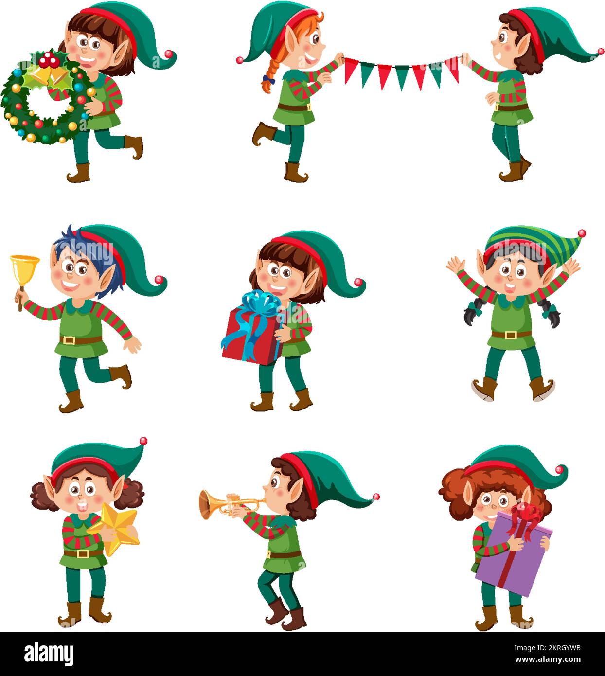 Christmas elves cartoon characters set illustration Stock Vector Image ...