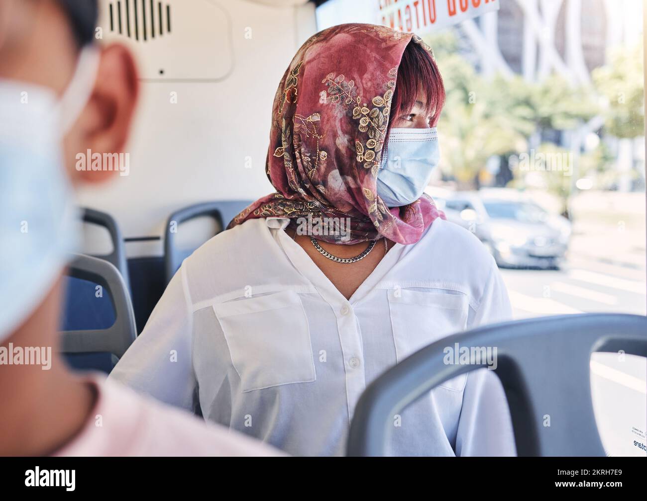 Woman, muslim and bus with mask, covid and healthcare on transport in ...