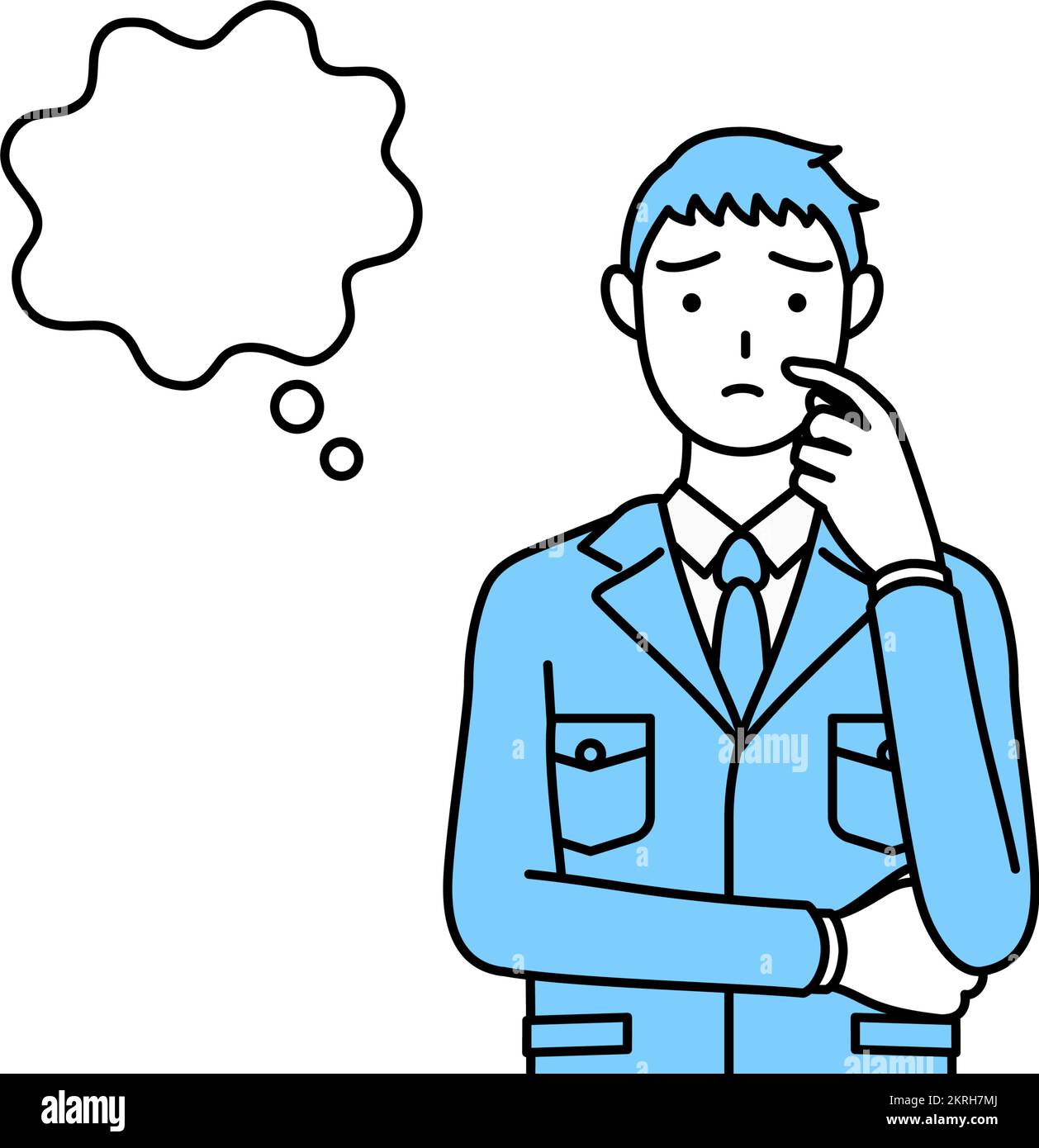 Simple line drawing of a Man in work clothes thinking while scratching ...