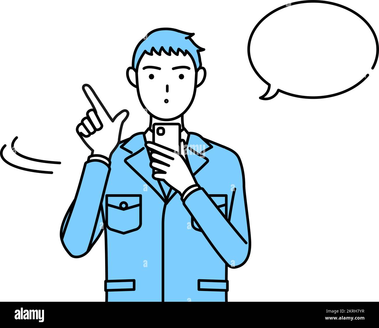 Simple line drawing of a Man in work clothes operating a smartphone ...