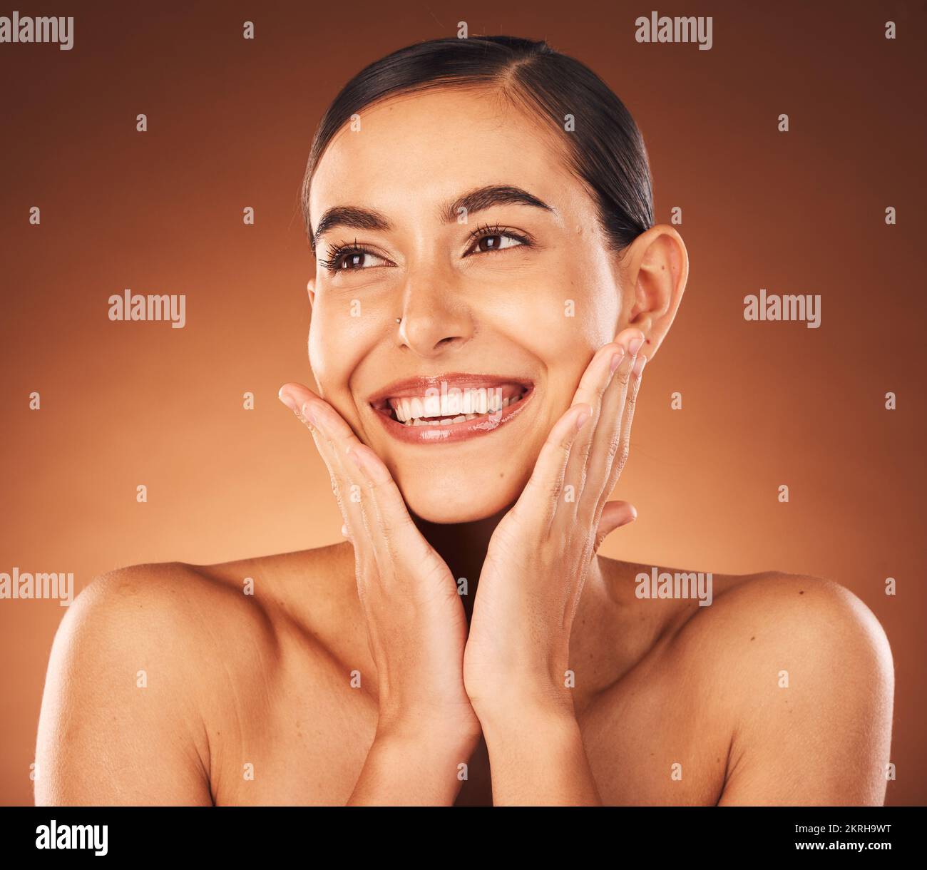 Beauty, happy and woman excited about skincare, glow and skin with ...