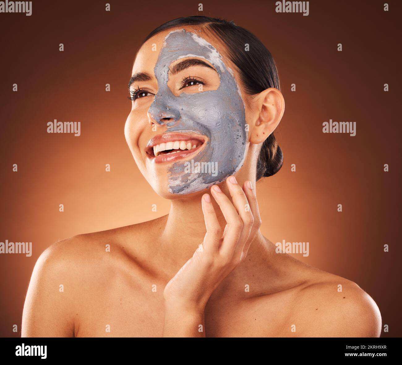 Beauty, face mask and facial with skincare and woman, happy in cosmetic ...