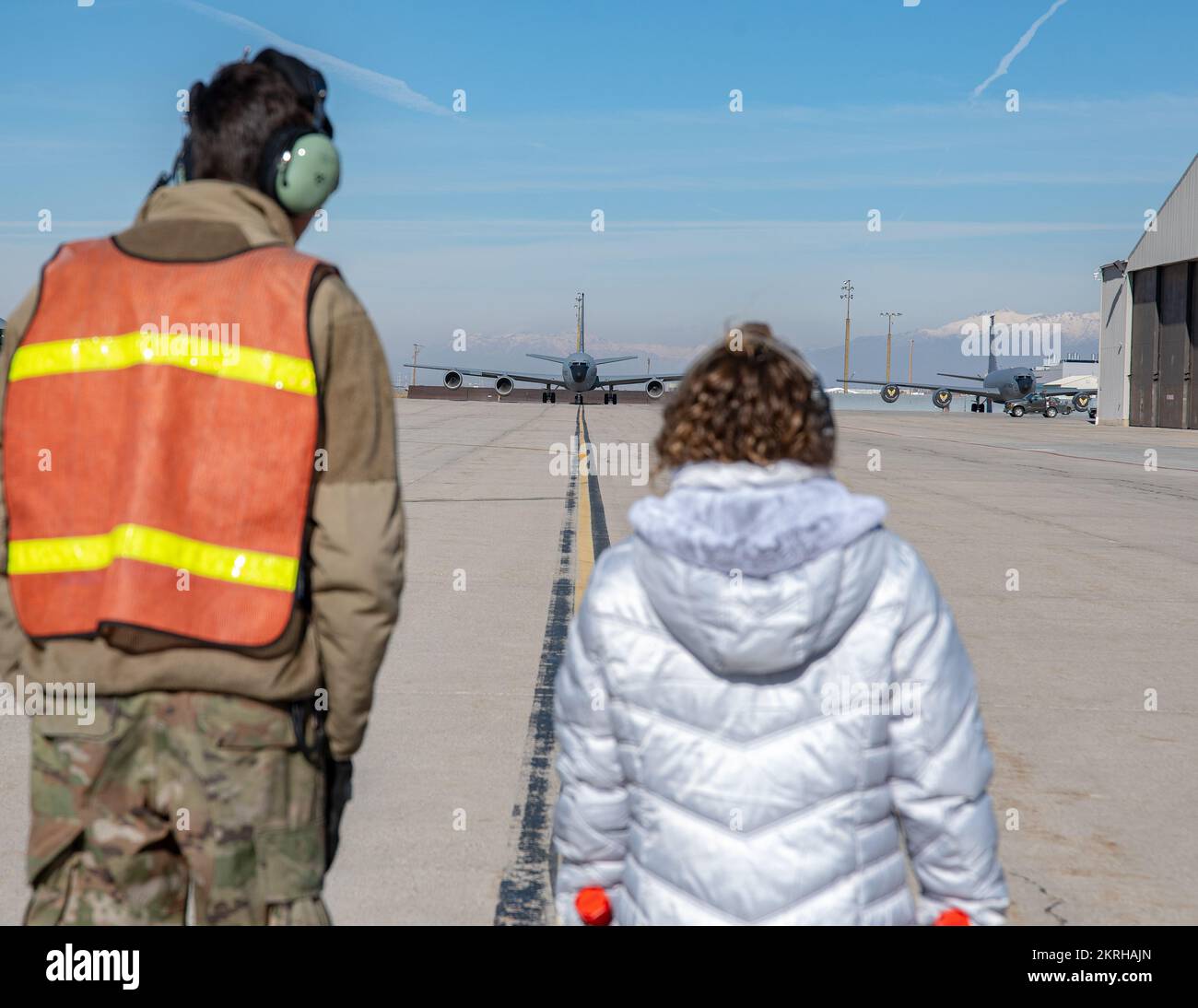 U.S. Air Force MSgt Kurt Armstrong’s daughter marshals in the Fini-flight at Roland Wright Air ...