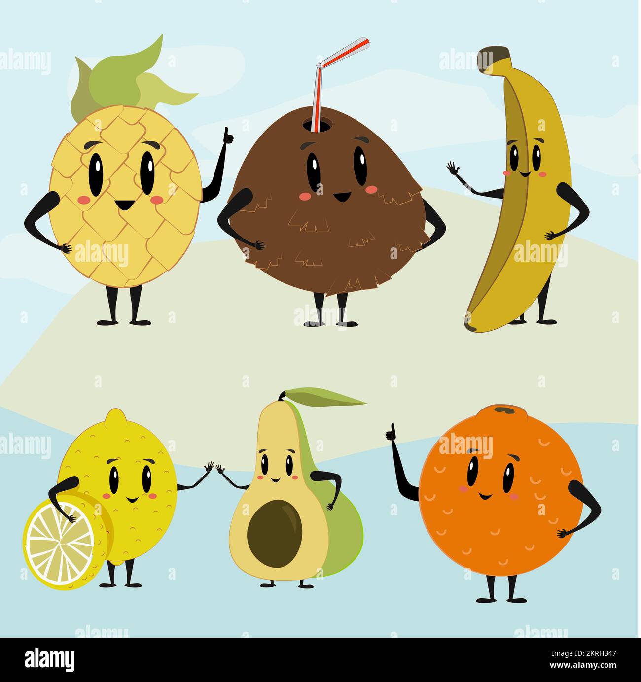 banana characters avakado lemon and coconut illustration Stock Vector ...