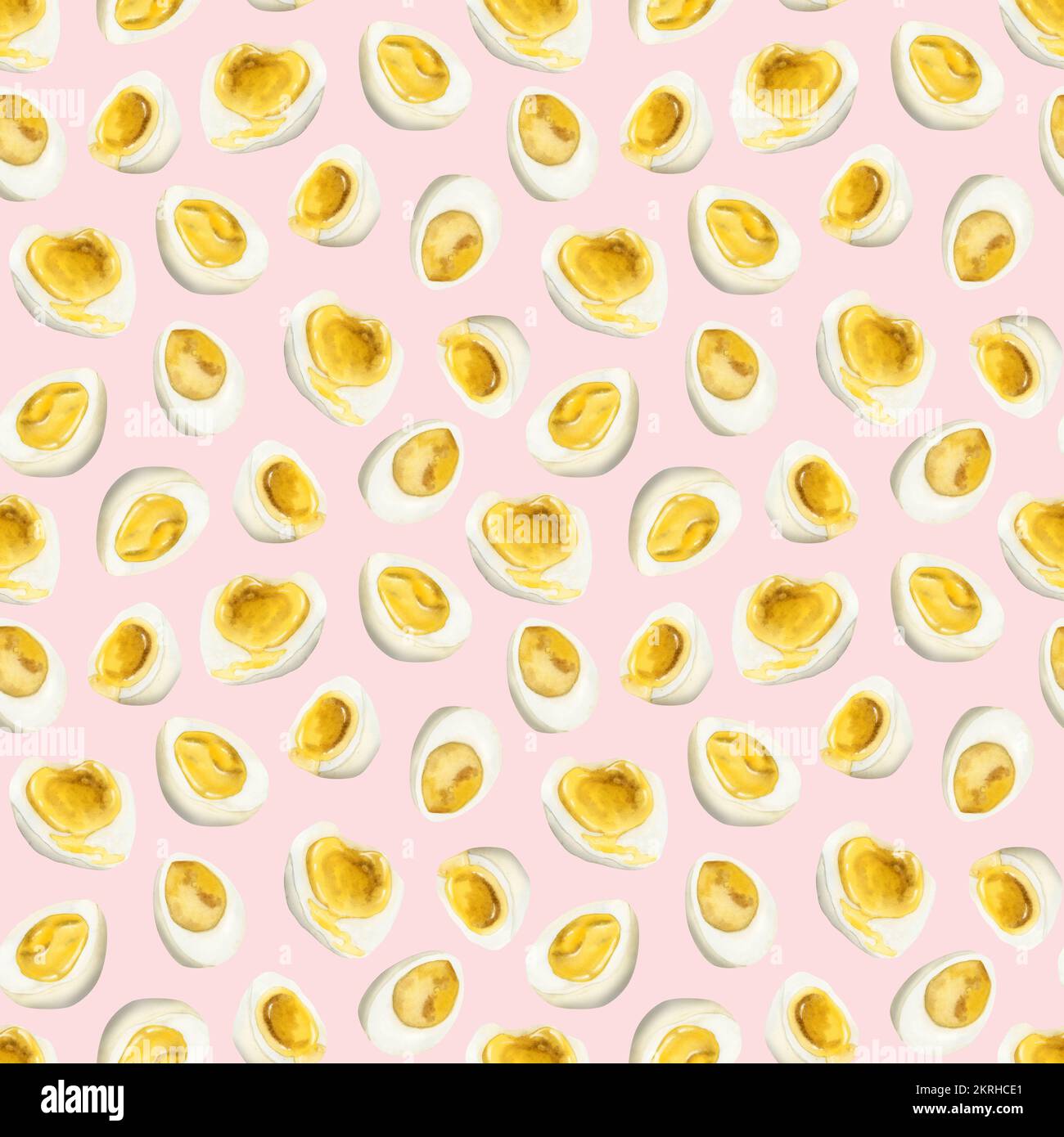 Watercolor seamless pattern with boiled eggs halfs on light pink ...