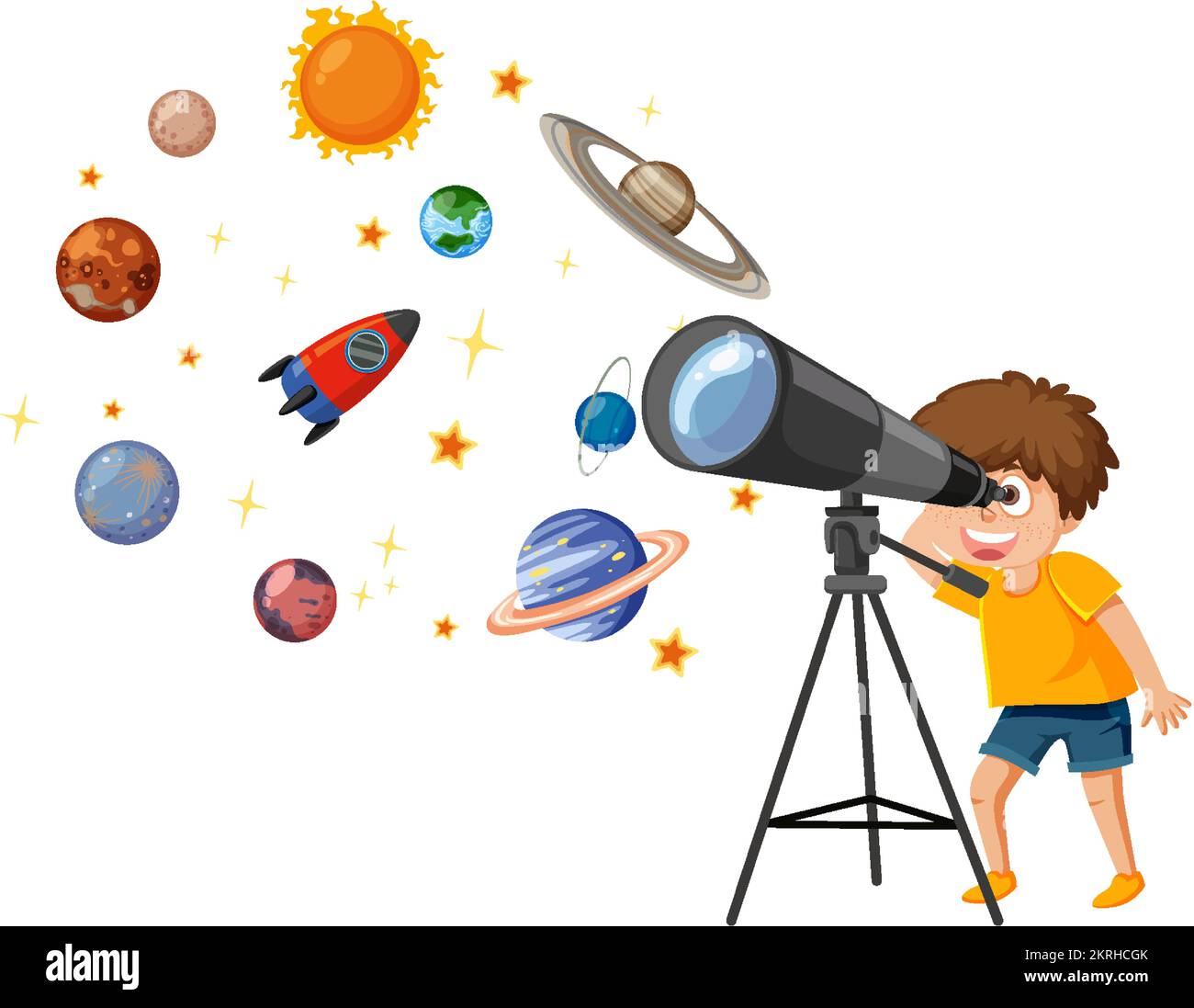 Little boy observing the sky with a telescope illustration Stock Vector ...