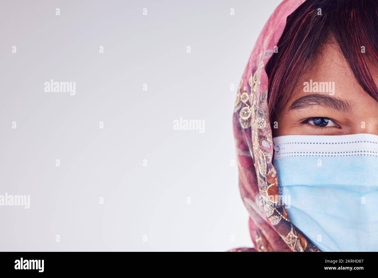 Covid face mask, muslim woman and mockup, healthcare risk or safety ...