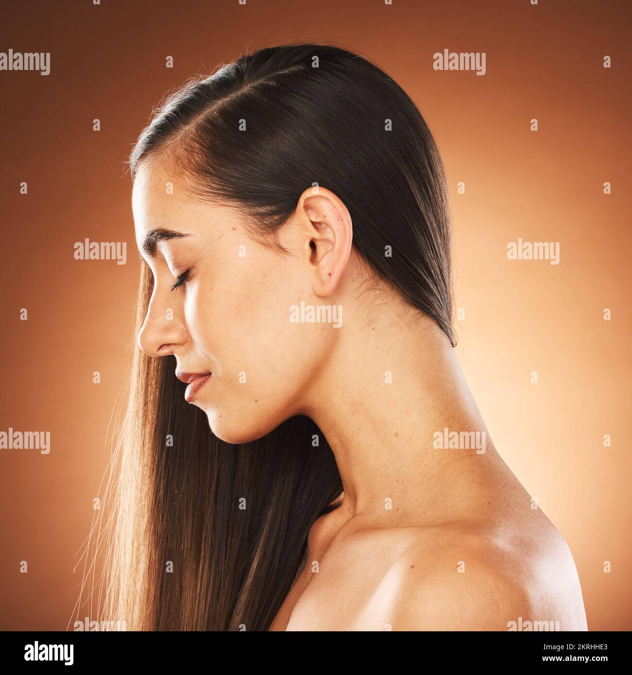 Hair, woman and face profile for beauty skincare wellness, relax hair ...