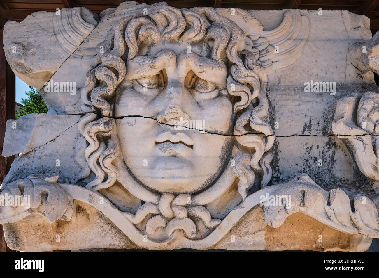 Didim, Aydin, Turkey- August 23, 2021: Detail of stone carved Medusa ...