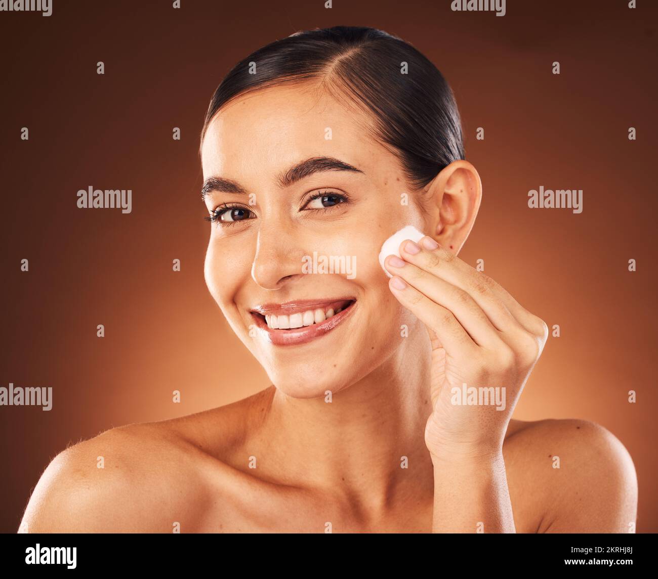 Beauty portrait, skincare and cotton pad of a woman cleaning face for healthy skin glow and ...