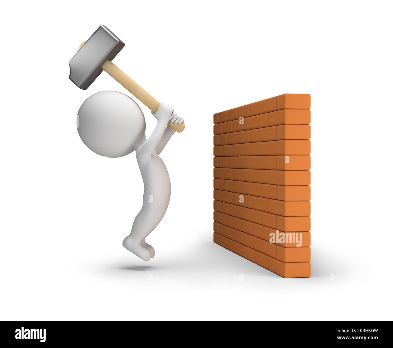 3d small person beats a hammer on a brick wall. 3d image. White ...
