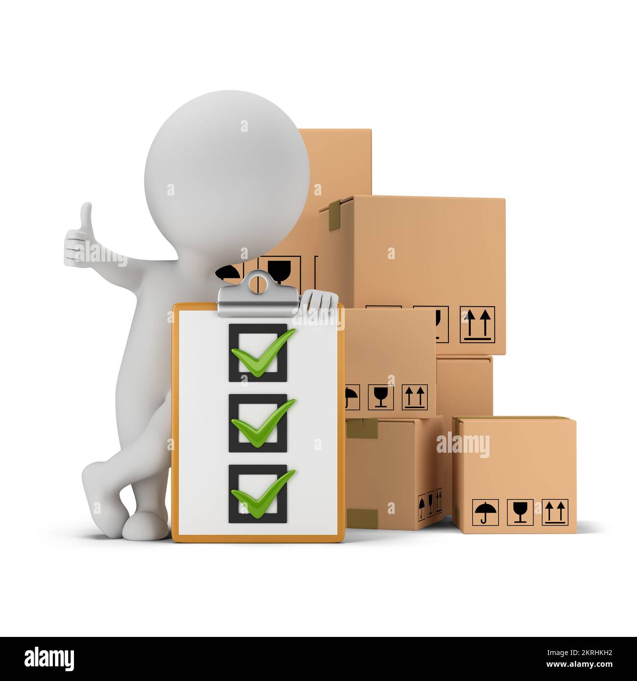 3d small person with a thumb up next to the checklist and cardboard ...