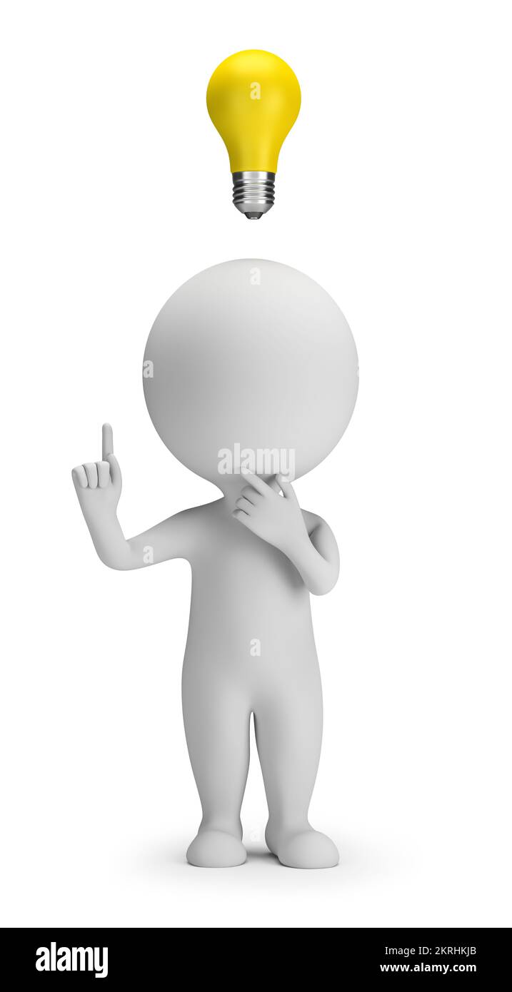 3d small person with a light bulb above his head. 3d image. White ...