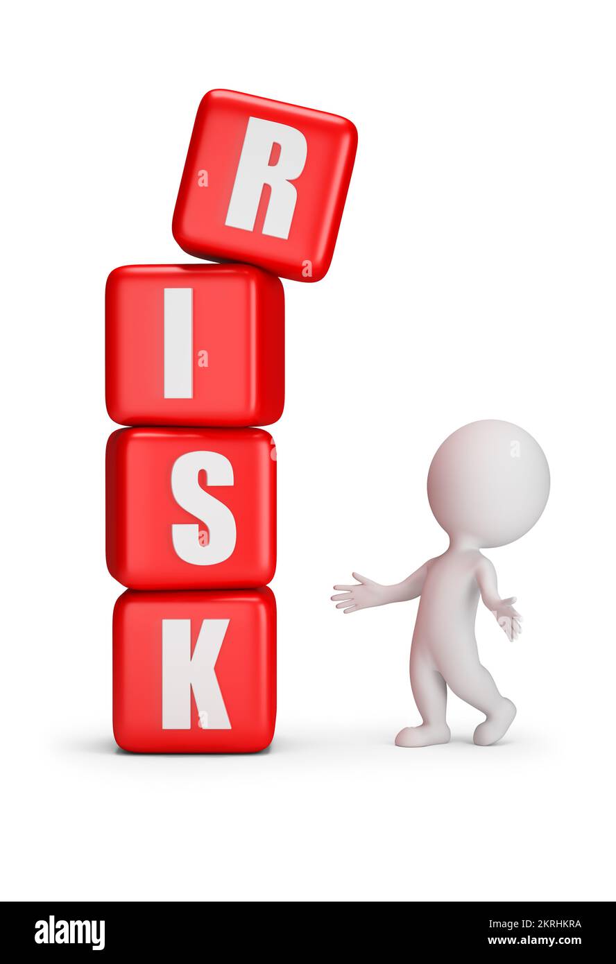 3d small person stands next to falling cubes with the inscription risk ...