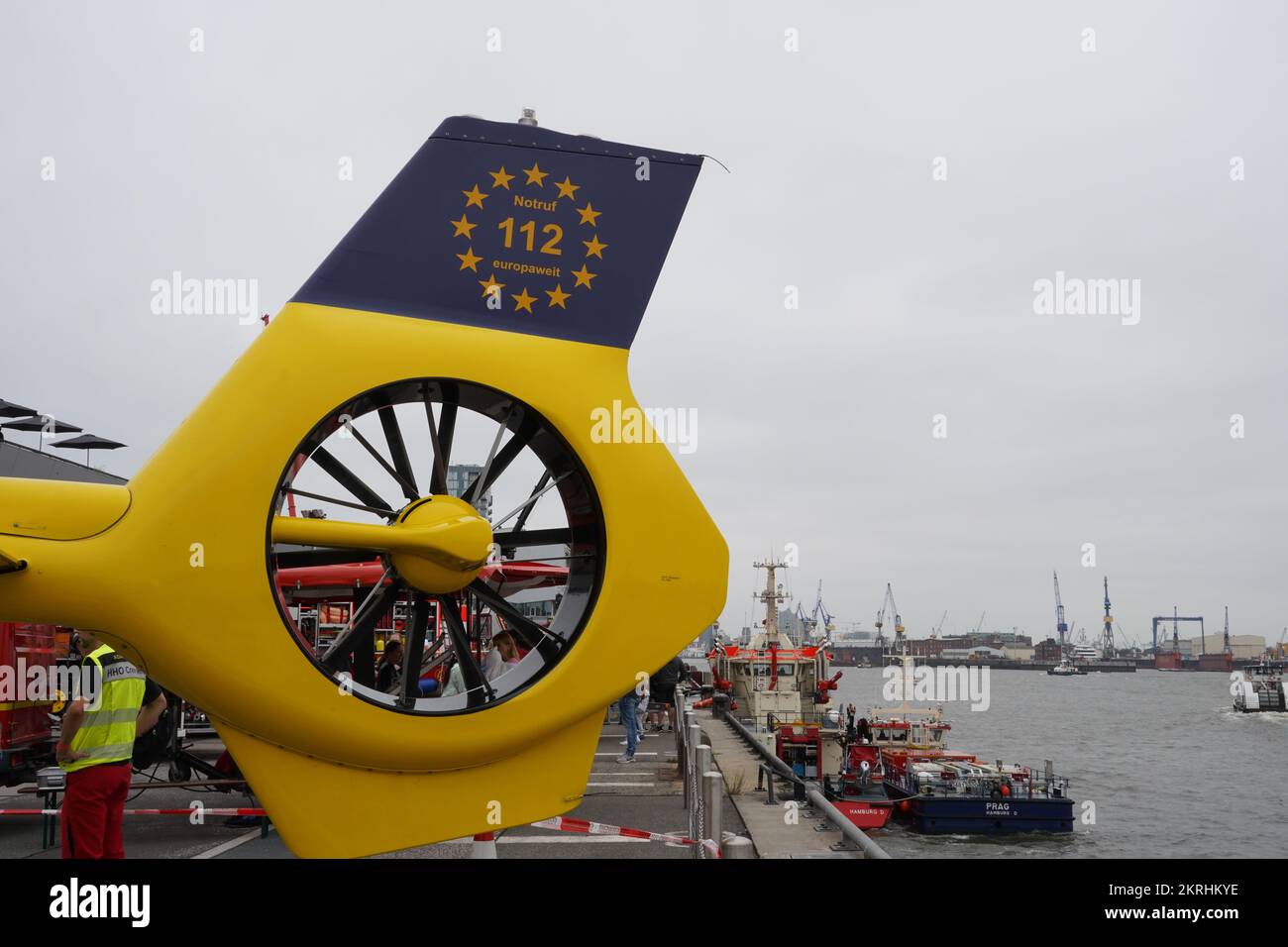 View on tail rotor of yellow D-HYAF ADAC air rescue helicopter or ...