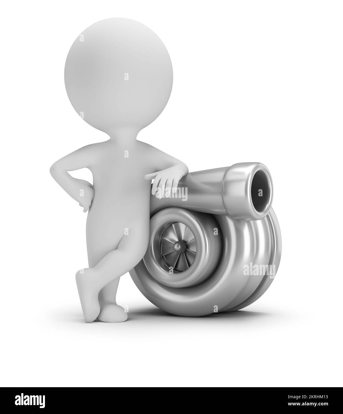 3d small person standing next to turbocharged. 3d image. White ...