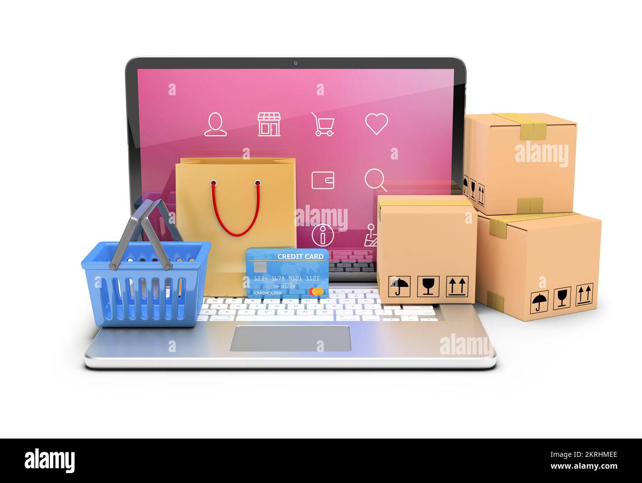 3d concept of e-commerce and online store. 3d image. White background ...