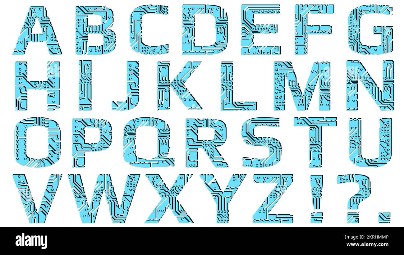 Set of latin alphabet in digital style perforated with PCB circuit ...