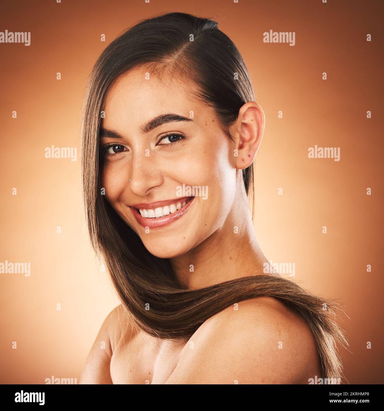 Portrait, beauty and woman smile, skincare and healthy hair care, happy and cosmetics in brown ...