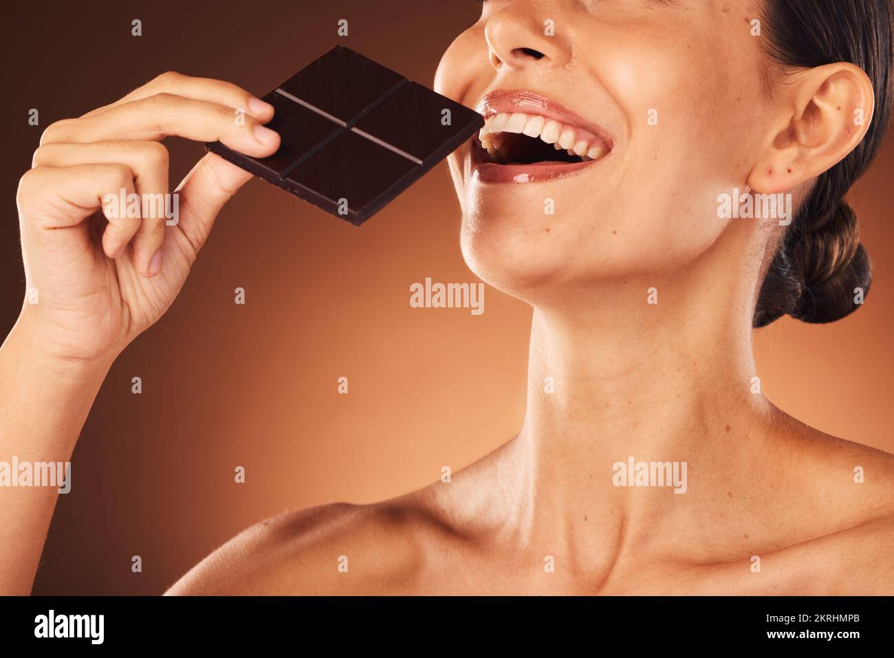 Beauty, chocolate and beauty woman, skincare and happy smile, eating ...