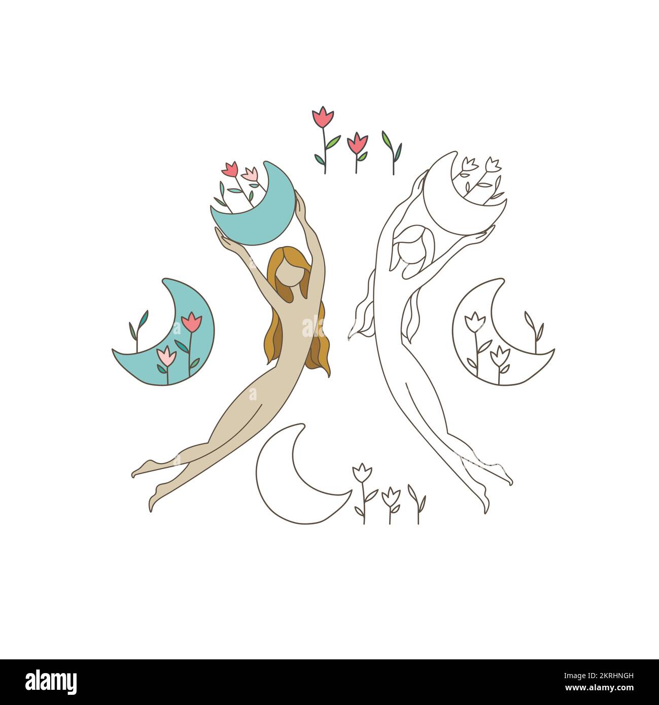 Woman with a moon, feminine illustration, Abstract organic artwork ...