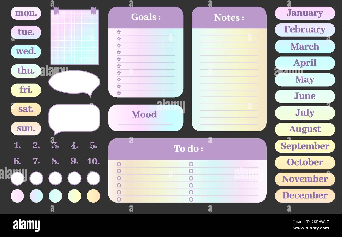Note card sticker scrapbooking planner flat set. Rainbow gradient ...