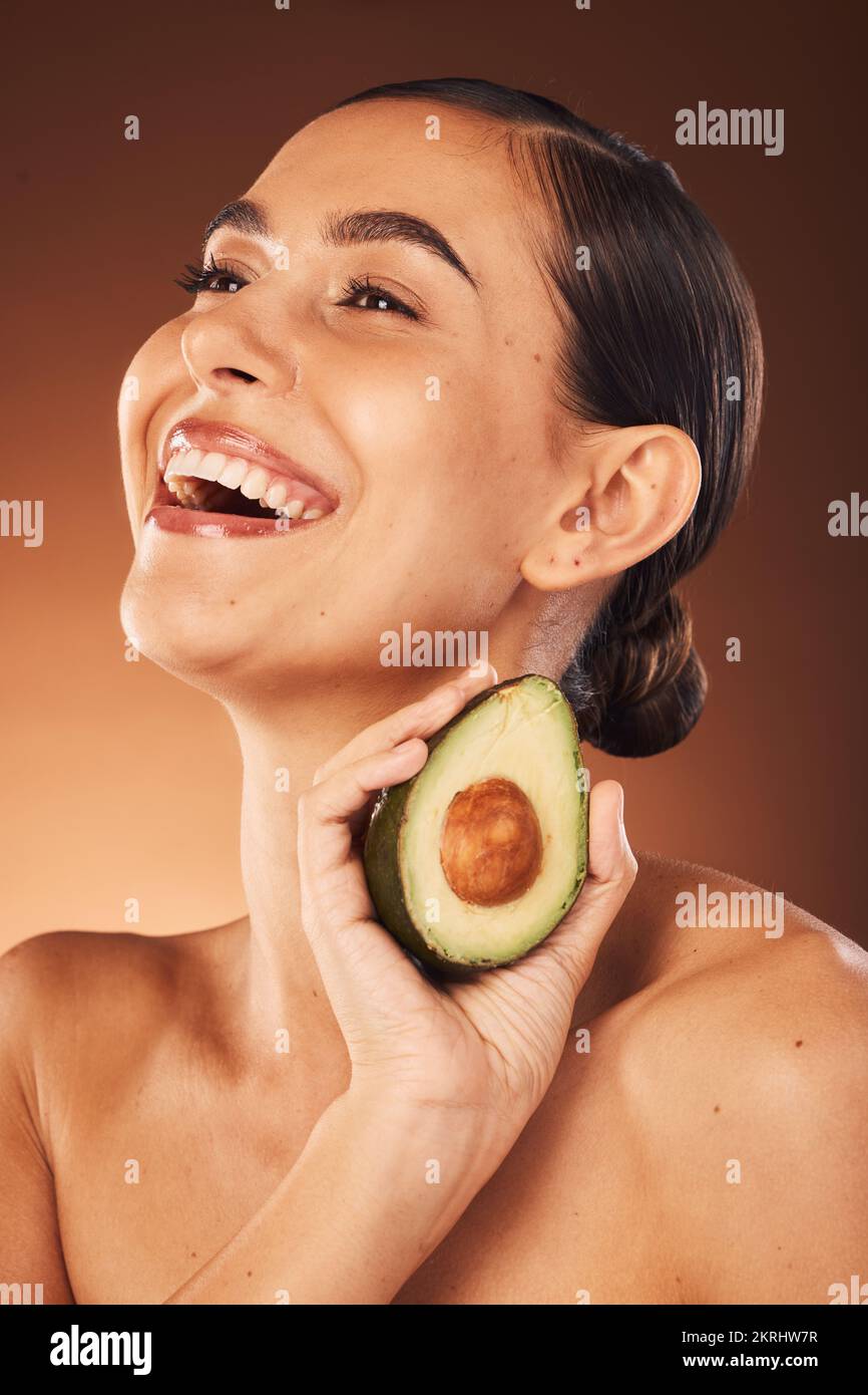 Beauty, woman skincare and healthy avocado eating for body wellness ...